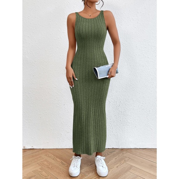 Dresses | Ribbed Knit Minimalist Solid Backless Tank Maxi Dress Hot ...